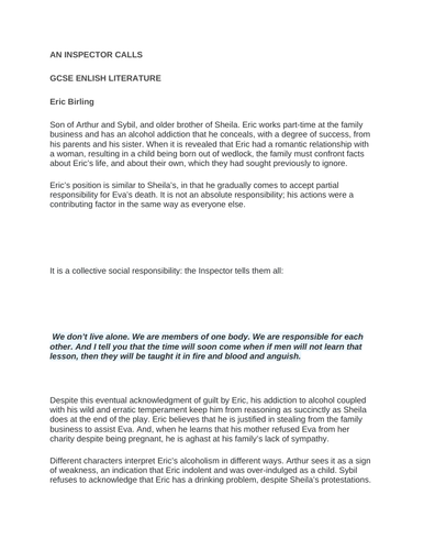 Character Analysis Eric Birling An Inspector Calls GCSE ENGLISH LITERATURE | Teaching Resources