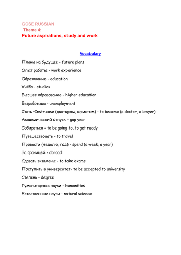 Russian GCSE: Future Aspirations, Study and Work (texts, vocab ...