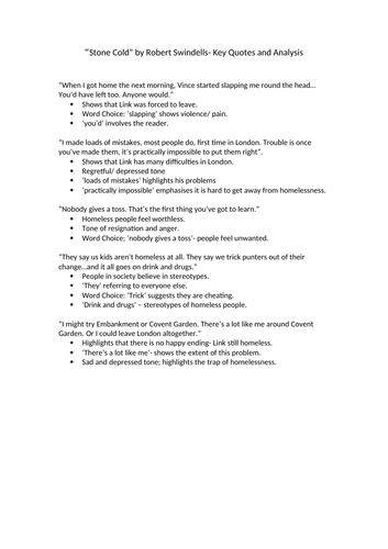 Stone Cold - Key Quotes & Analysis of Technqiues | Teaching Resources
