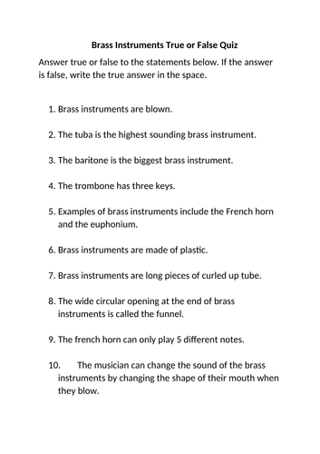 Brass Instruments True or False Quiz | Teaching Resources