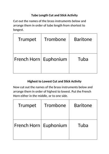 Brass Instruments Cut and Stick Activity | Teaching Resources