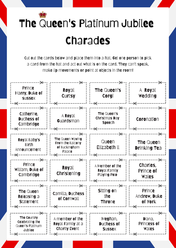The Queen's Jubilee Royal Charades Game. X24 Cards. Role Play ...
