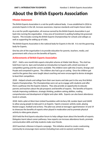 Esports Unit 1 Introduction to Esports - Organisation and structure of ...