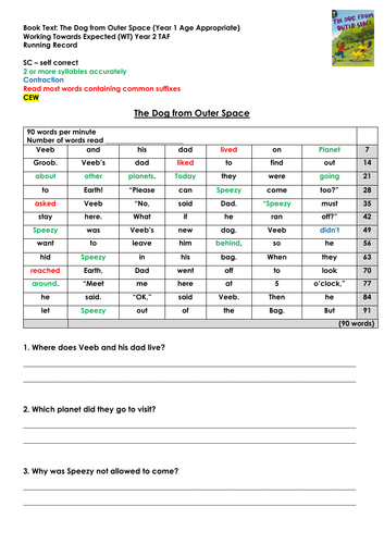 Year 2 Moderation Reading Working Towards The Dog from Outer Space TAF ...