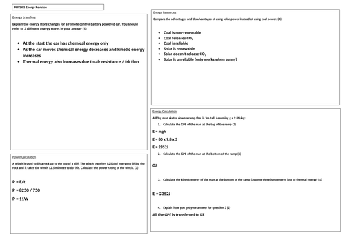 Energy Revision question a3 sheet | Teaching Resources