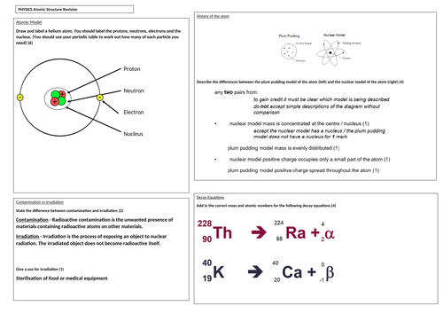 Atomic Structure revision a3 question sheet | Teaching Resources