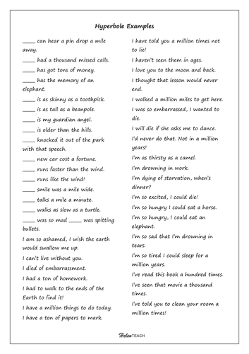 Literary Devices: Hyperbole Examples | Teaching Resources