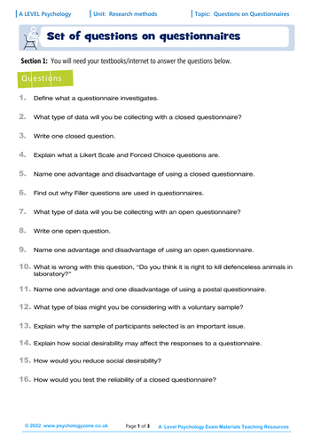 AQA A Level Psychology: Design of Questionnaires | Teaching Resources