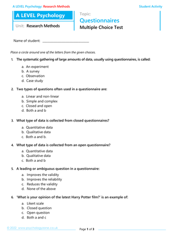 AQA A Level Psychology: Design of Questionnaires | Teaching Resources