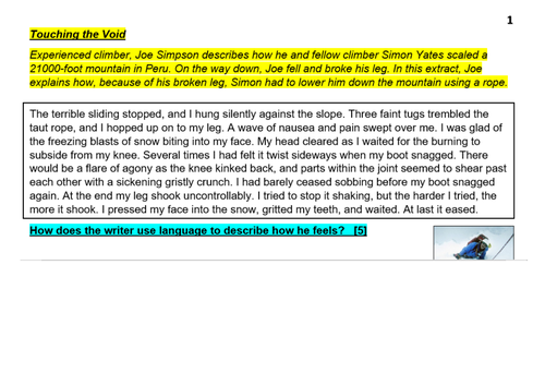 Touching the Void: Paper 2 Reading (Non-Fiction exam) | Teaching Resources