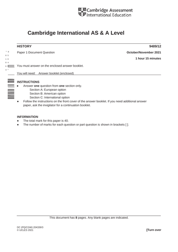 CIE AS Level History Paper 1 Exam, Civil War and Reconstruction ...