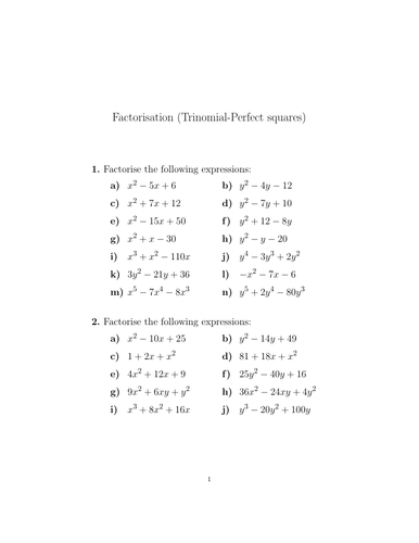 Factorisation (Trinomial-Perfect squares) worksheet with solutions ...