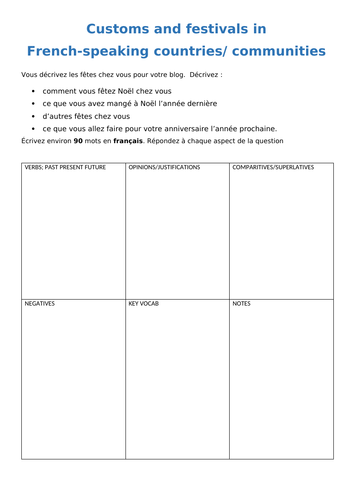 90 word French writing bundle with plan, mark scheme and opportunity to ...