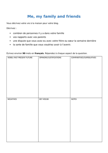 90 word French writing bundle with plan, mark scheme and opportunity to ...