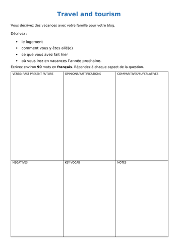 90 word French writing bundle with plan, mark scheme and opportunity to ...