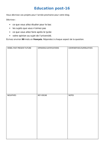 90 word French writing bundle with plan, mark scheme and opportunity to ...