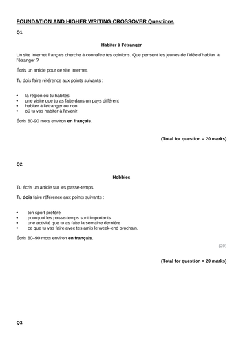 GCSE Edexcel French Writing 80-90 words collection of questions ...