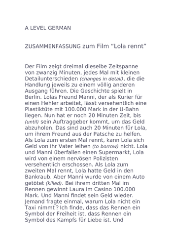 German A Level revision sheet / lesson plan LOLA RENNT | Teaching Resources