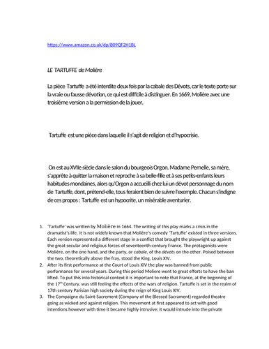 Le Tartuffe Moliere FRENCH A LEVEL International Baccalaureat REVISION ...