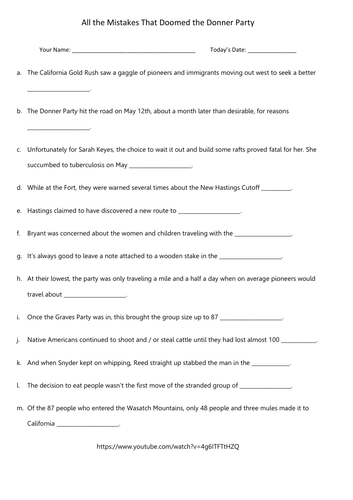 Donner Party video worksheet | Teaching Resources