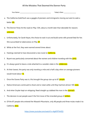 Donner Party video worksheet | Teaching Resources