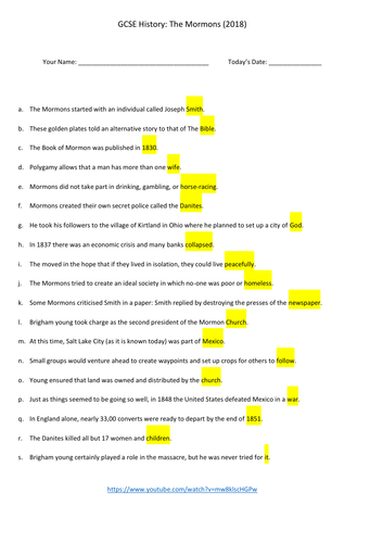 GCSE History Mormon Migration | Teaching Resources