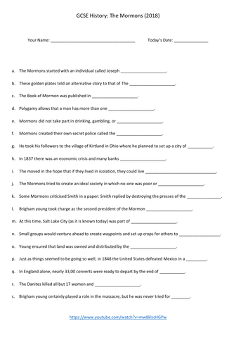 GCSE History Mormon Migration | Teaching Resources