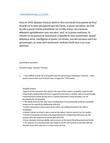 A LEVEL FRENCH BONJOUR TRISTESSE EXAM QUESTIONS | Teaching Resources
