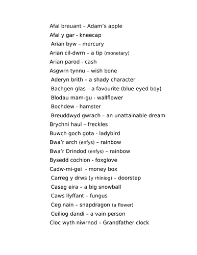 Resource for home schooling Welsh Second Language - idiomatic nouns ...