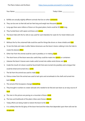 Native Americans and Bison Video Worksheet | Teaching Resources