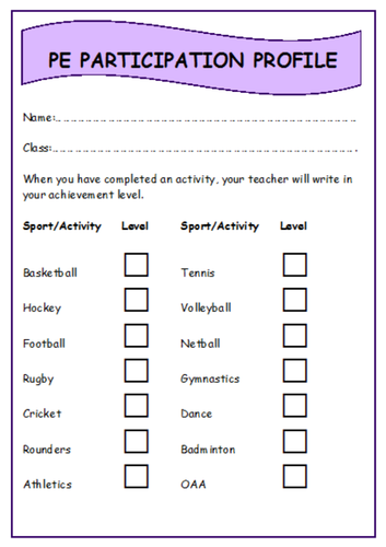 PE Self Assessment Resource | Teaching Resources