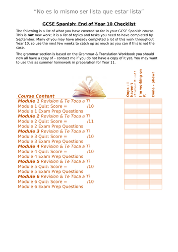 GCSE Spanish: End of Y10 Checklist | Teaching Resources