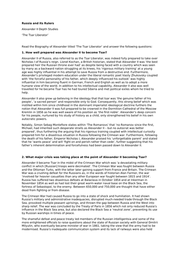 Russia and its Rulers 1855-1964 High Quality A* Content Information ...