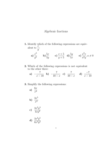 Algebraic fractions worksheet (with solutions) | Teaching Resources