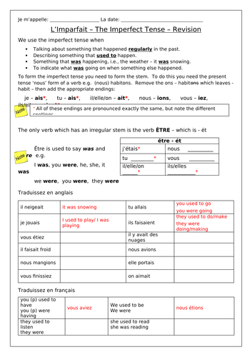 French - The Imperfect Tense - L'Imparfait - Revision | Teaching Resources