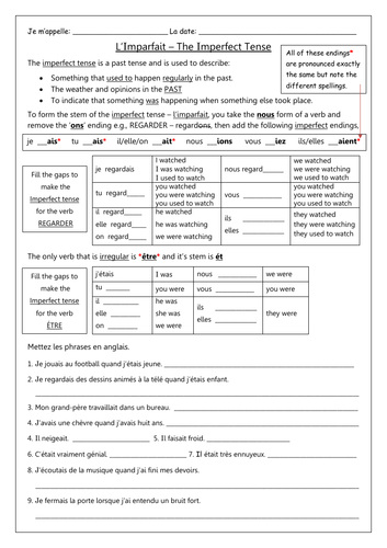 French - The Imperfect Tense - L'Imparfait - Revision | Teaching Resources