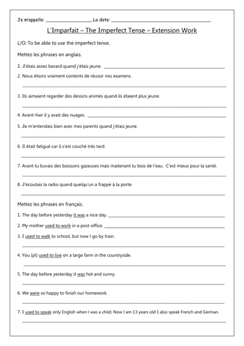 French - The Imperfect Tense - L'Imparfait - Revision | Teaching Resources