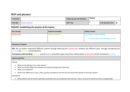 Planet Unknown - MYP unit plan (highly detailed) | Teaching Resources