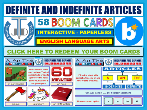 DEFINITE AND INDEFINITE ARTICLES - A, AN AND THE - 58 BOOM CARDS ...
