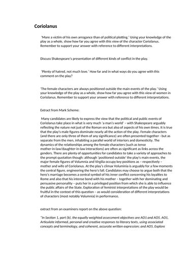 A LEVEL ENGLISH LITERATURE EXAM QUESTIONS ON CORIOLANUS | Teaching ...