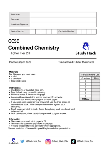 AQA Combined Science GCSE Chemistry 2022 PRACTICE PAPER 2H | Teaching ...