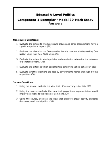 Edexcel A-Level Politics Exemplar Essay Answers (Component 1) | Teaching Resources