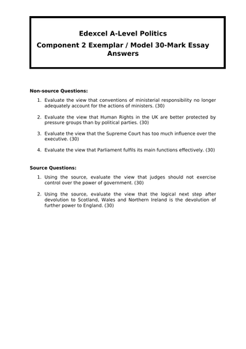 Edexcel A-Level Politics Exemplar Essay Answers (Component 2 ...