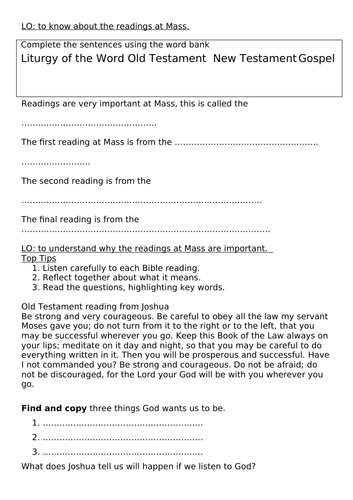 RE Liturgy of the Word Comprehension | Teaching Resources