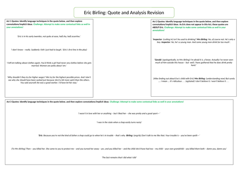 AIC Eric Birling Revision Sheet | Teaching Resources