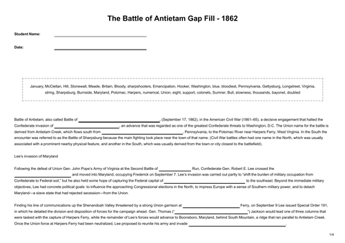 American Civil War Antietam Gap Fill Worksheet | Teaching Resources