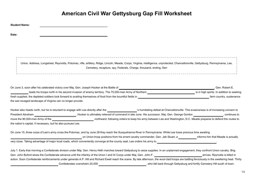American Civil War Gettysburg Gap Fill Worksheet | Teaching Resources