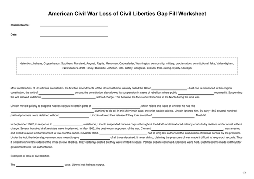 American Civil War Civil Liberties Gap Fill Worksheet | Teaching Resources