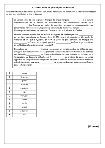 French A Level Reading AQA Gap Fill Exam Practice (5 Questions ...