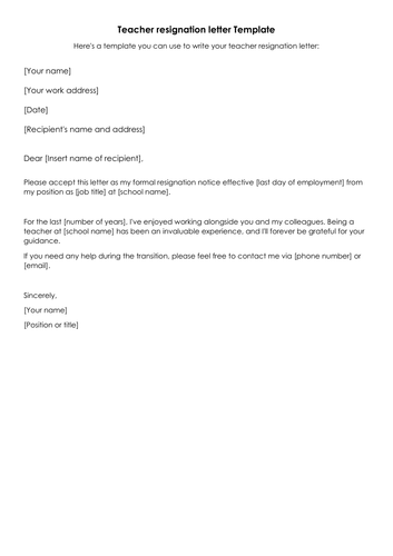 Teacher resignation letter Template | Teaching Resources